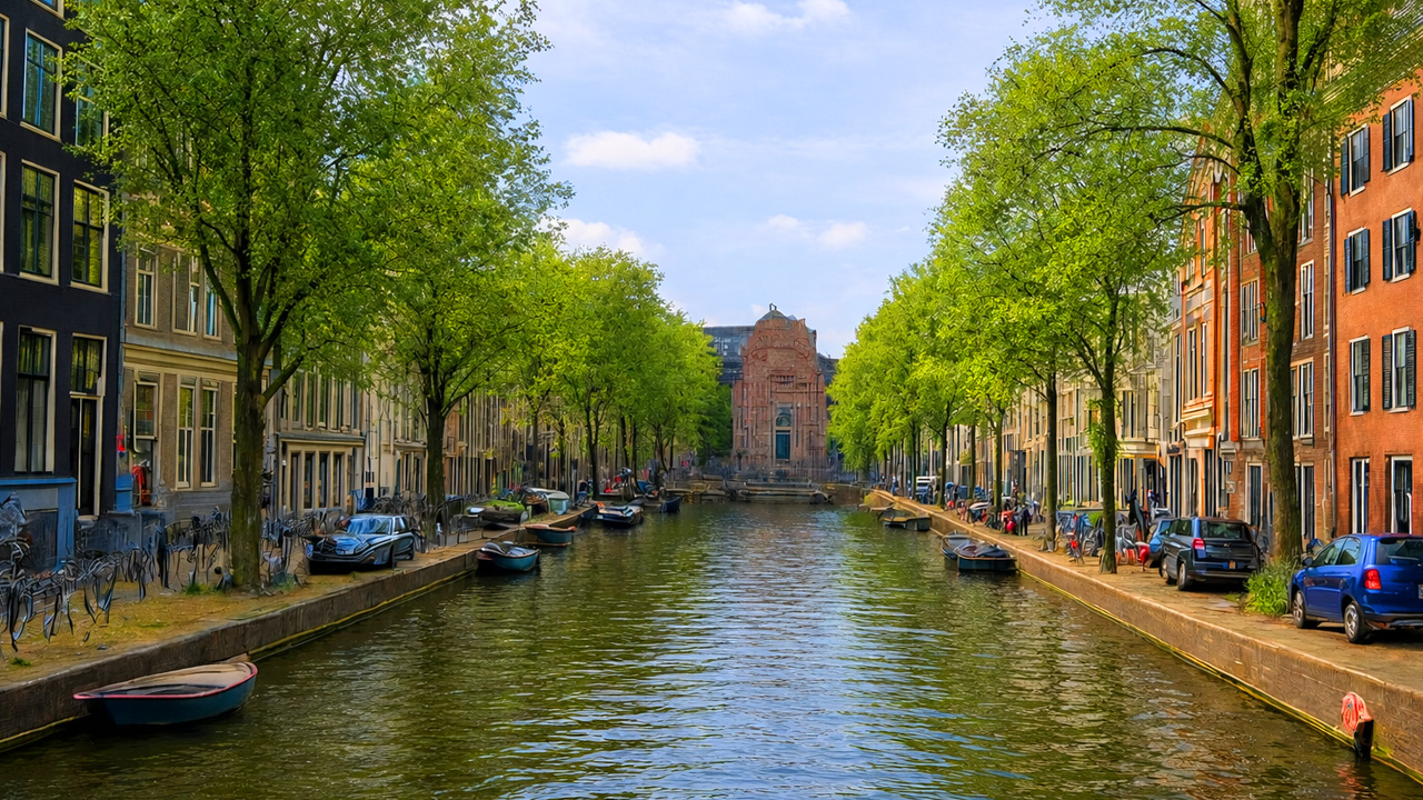 Amsterdam canal walk through leafy downtown streets