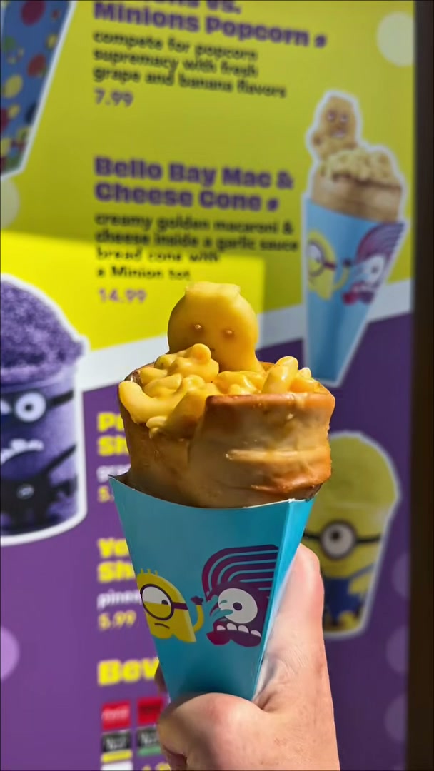 Minion mac & cheese bread cone with a floating Minion tater tot!
