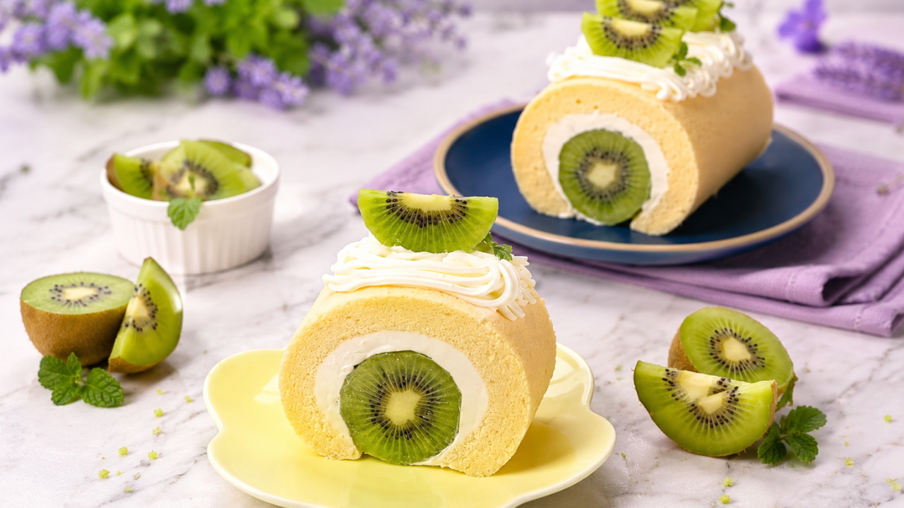 Swiss roll cake met kiwi en room