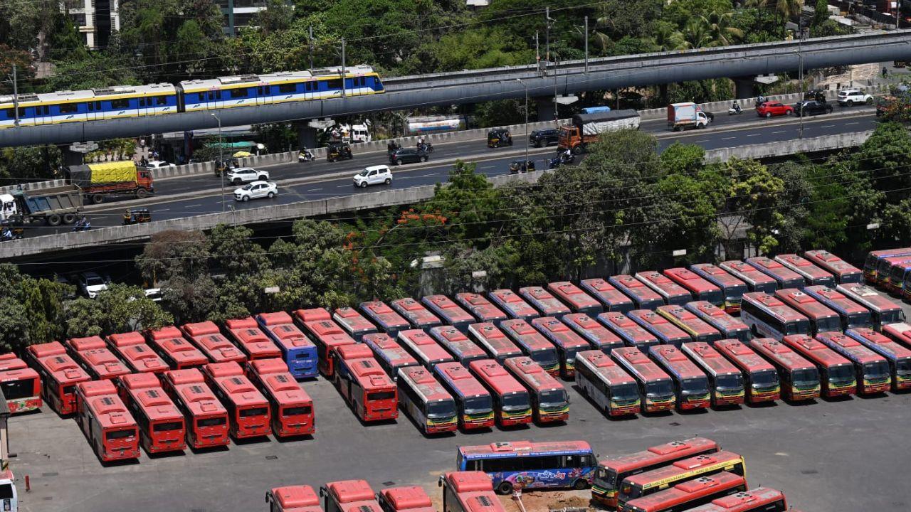 In photos Magathane bus depot in Borivali remains packed with idle ...