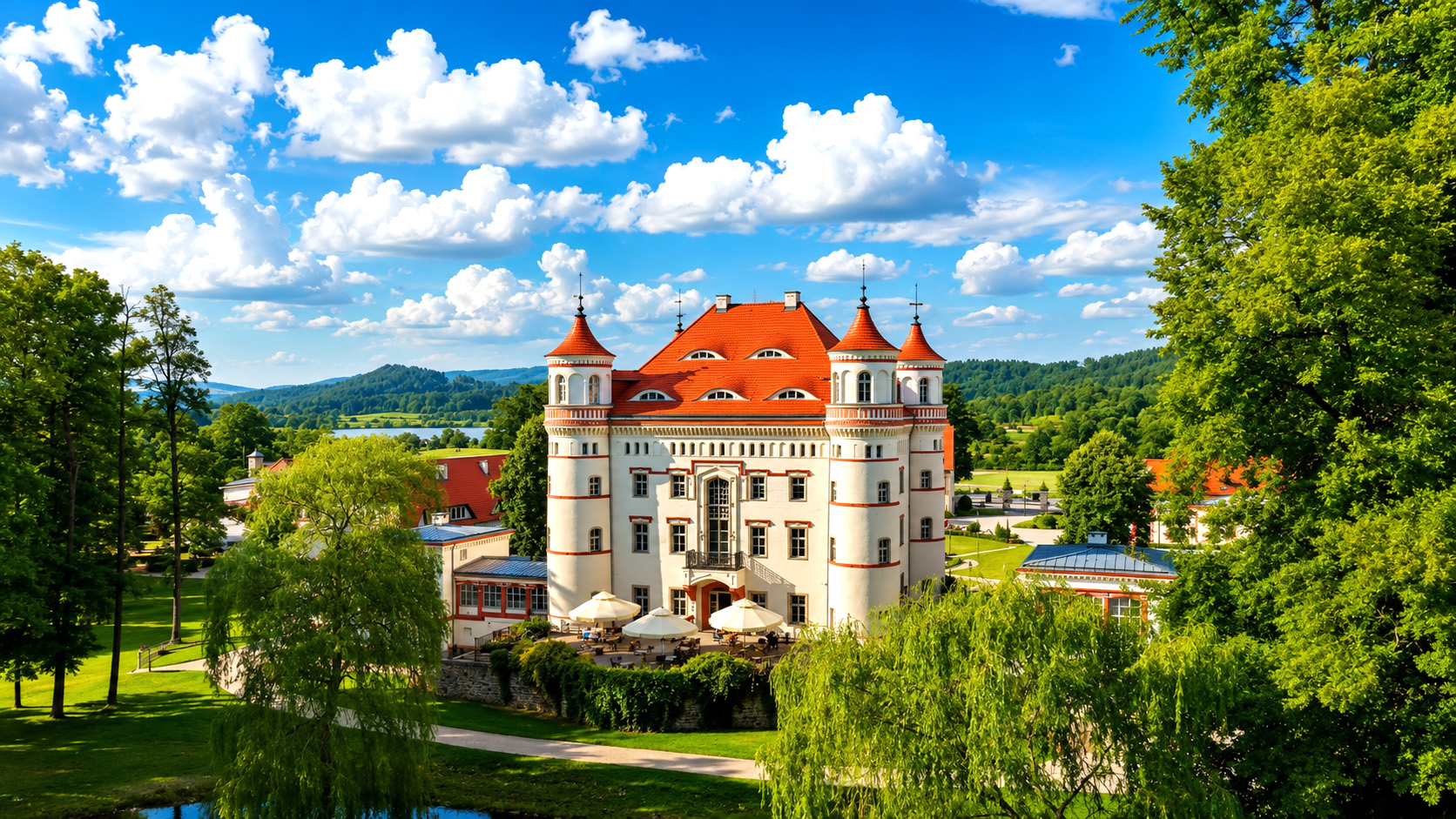 A fairytale castle rising above a sea of green hills