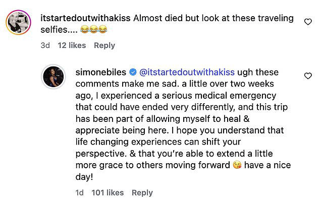 Simone Biles fires back at trolls after she went on luxury vacation ...