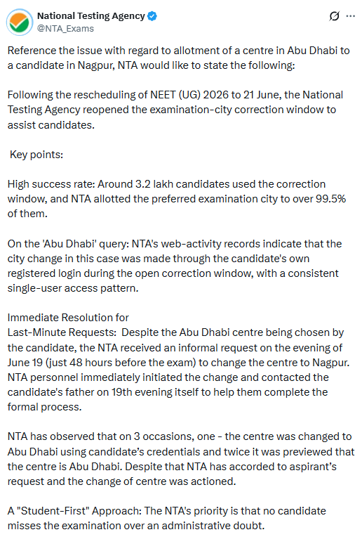 NEET centre mix-up: NTA says Nasik candidate himself selected Abu Dhabi ...