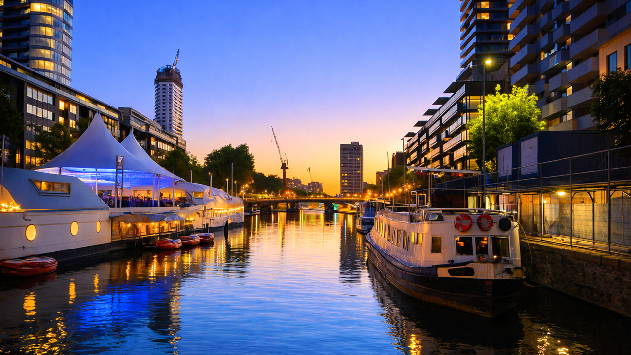 Rotterdam waterfront walk under evening lights