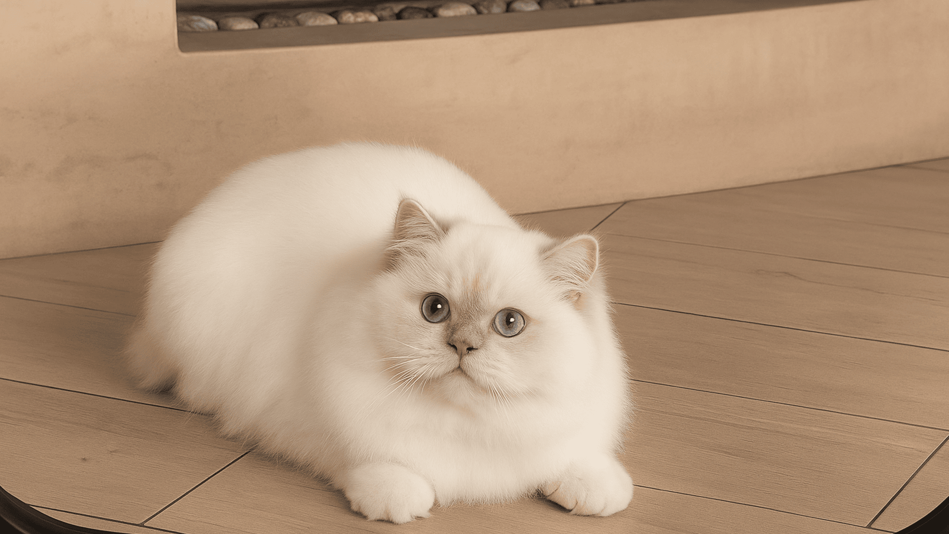 Pluizige witte kat op een houten vloer