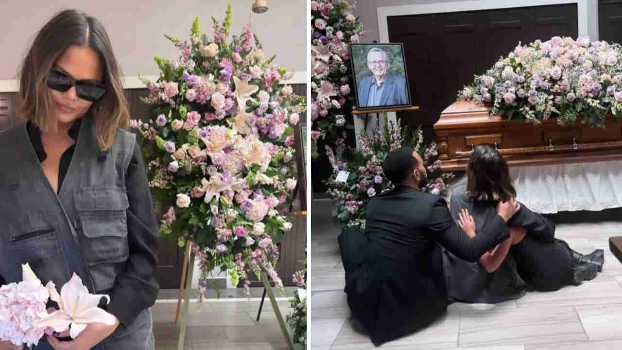 Chrissy Teigen shares photos beside her father’s casket during funeral