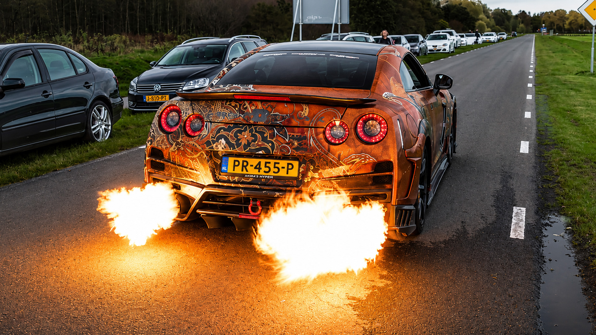 Modified Nissan GT-R shoots massive flames on open road