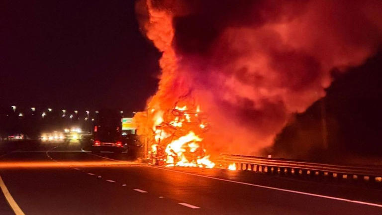 Semi-truck hauling Teslas catches fire, shuts down Turnpike and I-95 in ...