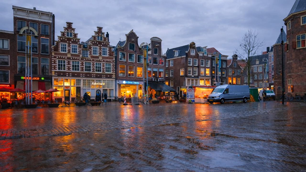 Amsterdam after snowfall with glowing streets