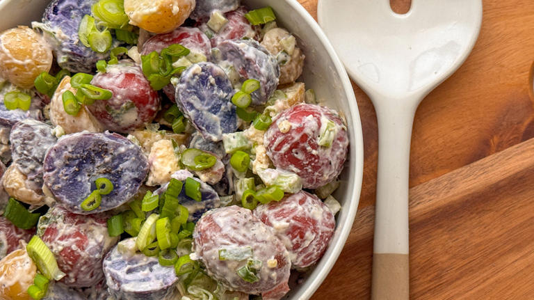 Red, white, and blue potato salad for the Fourth of July recipe