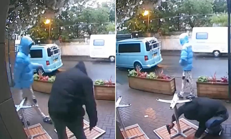 Table for two: Moment thieves are caught on CCTV taking drills to pub ...