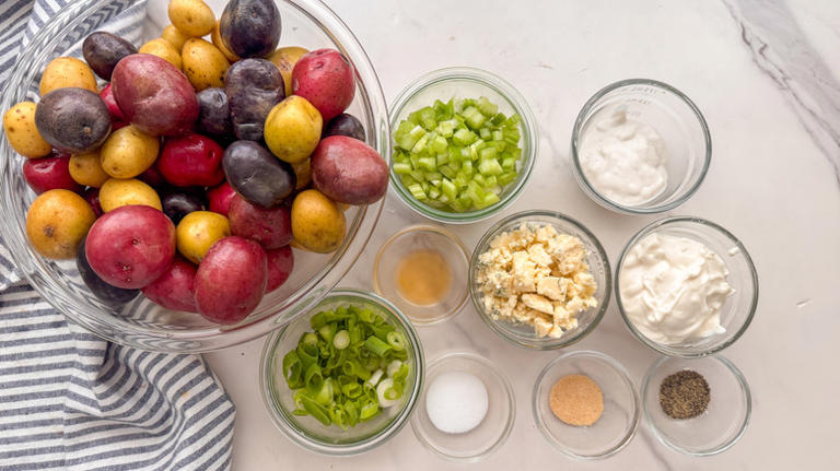 Red, white, and blue potato salad for the Fourth of July recipe
