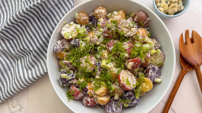 Red, white, and blue potato salad for the Fourth of July recipe