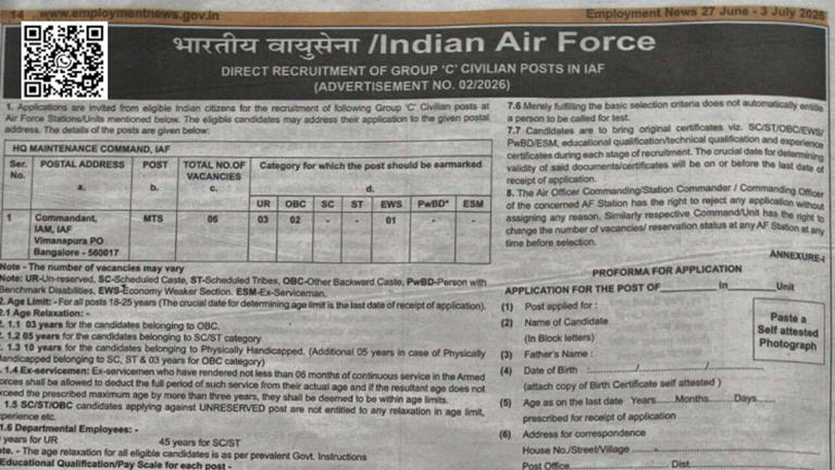 Indian Air Force invites applications for MTS Group C posts, offline ...