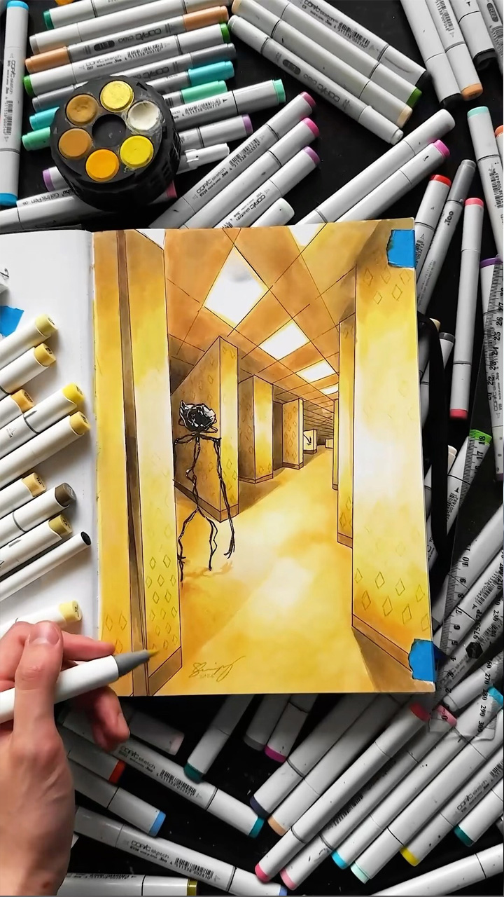 Draw a 2-point perspective backrooms scene in 33 seconds
