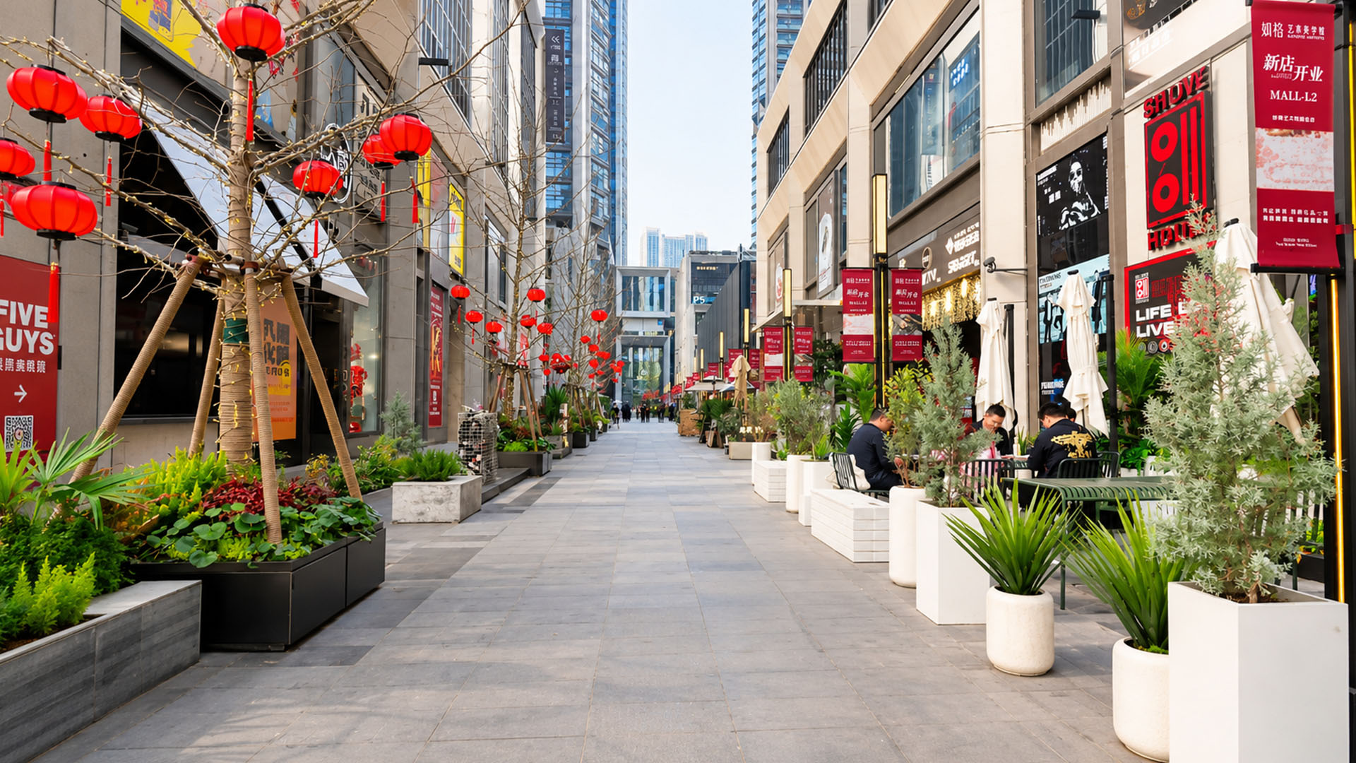 Inside a stylish Chinese retail street hidden between tall buildings