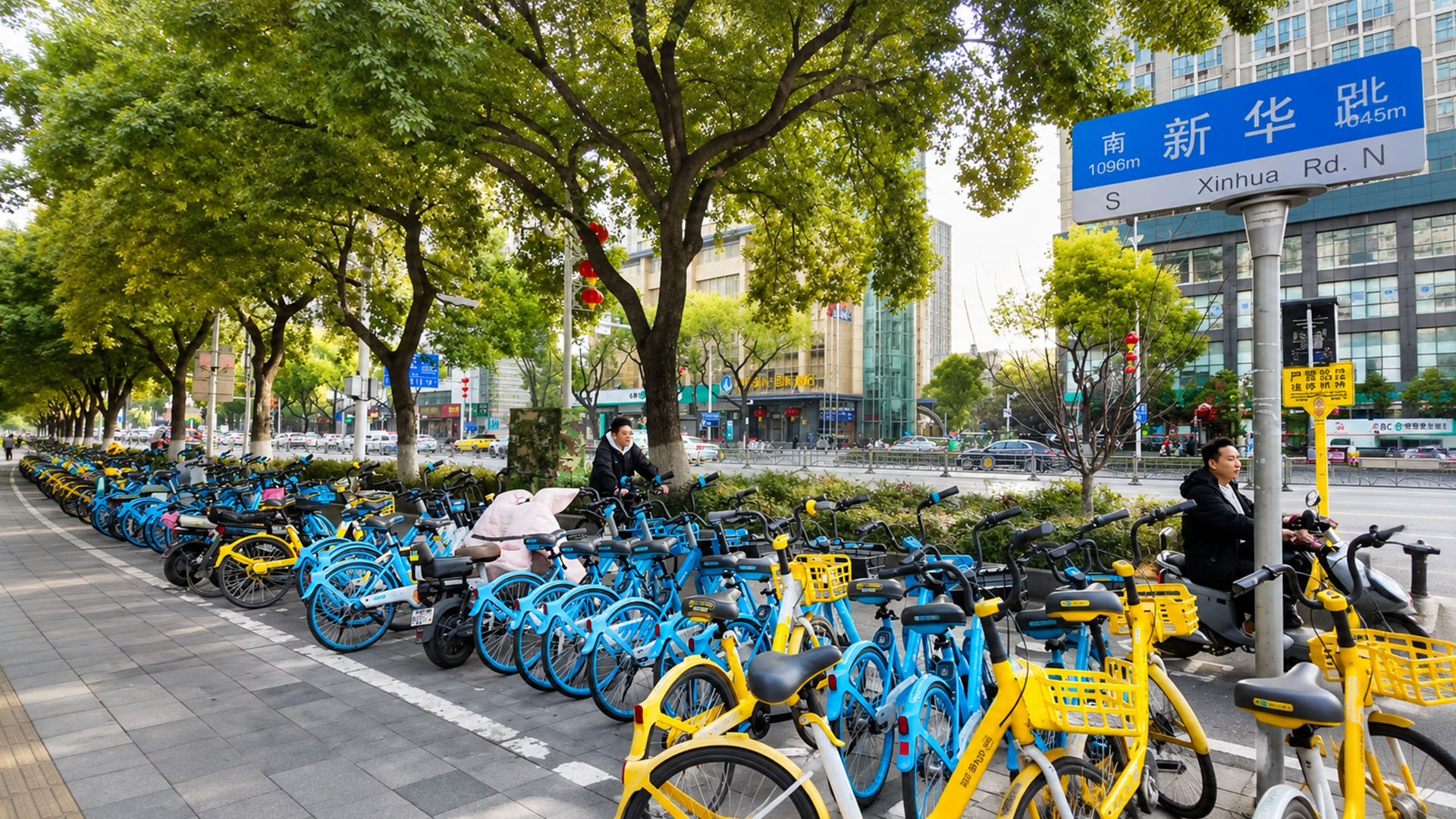 A tree-lined street turns into a massive bike parking scene