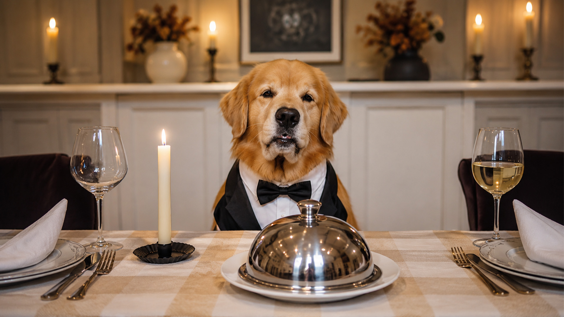 Golden retriever waits for fancy food