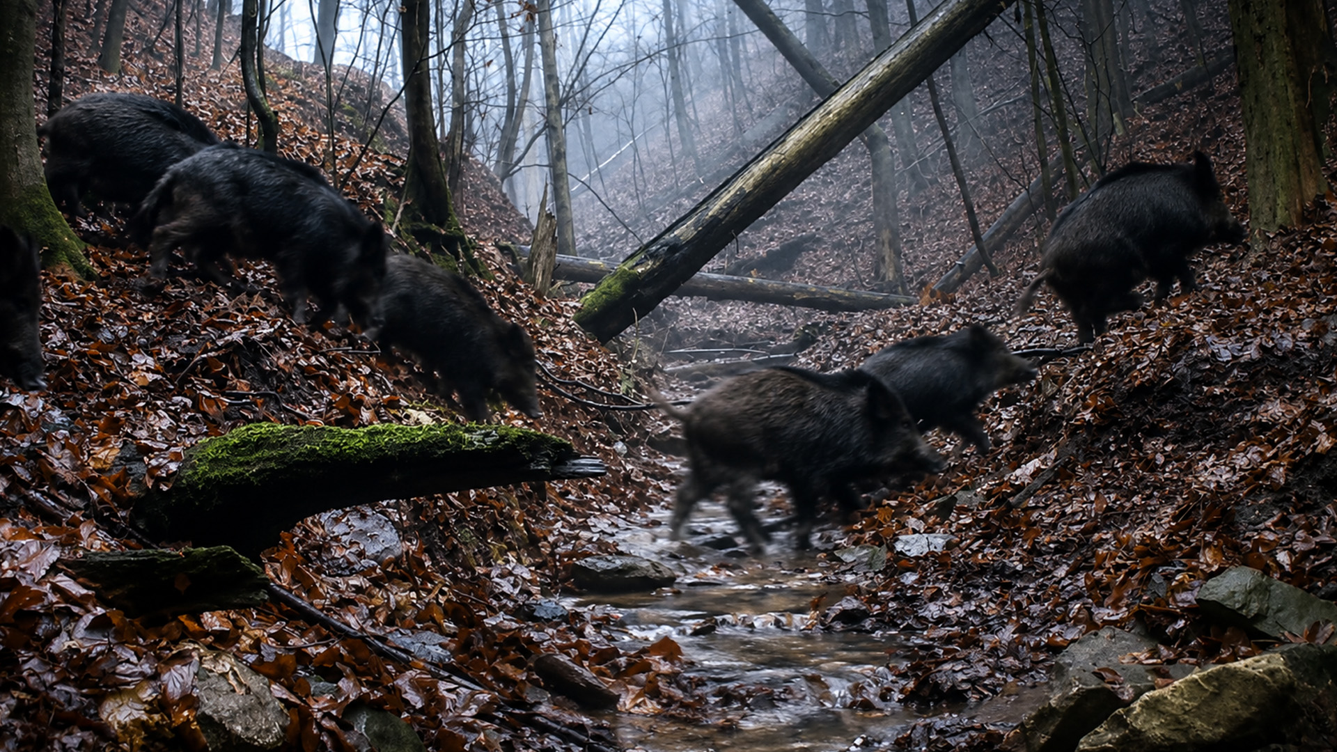 Wildlife camera records a busy morning along this forest creek