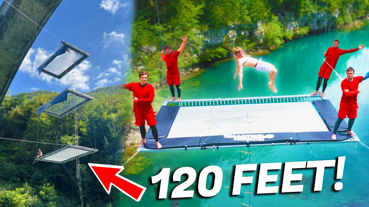 Triple hanging trampoline stunt under 120-foot bridge