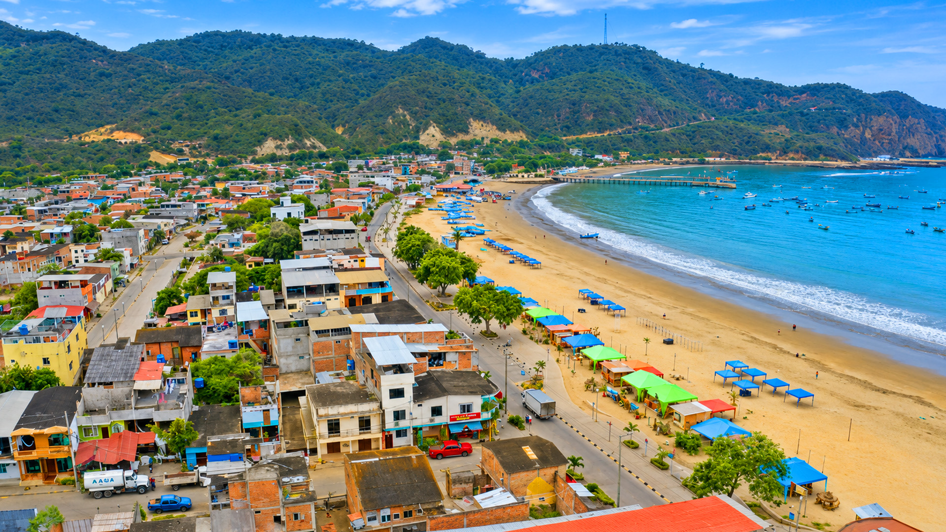 A coastal village lined with colorful beach umbrellas