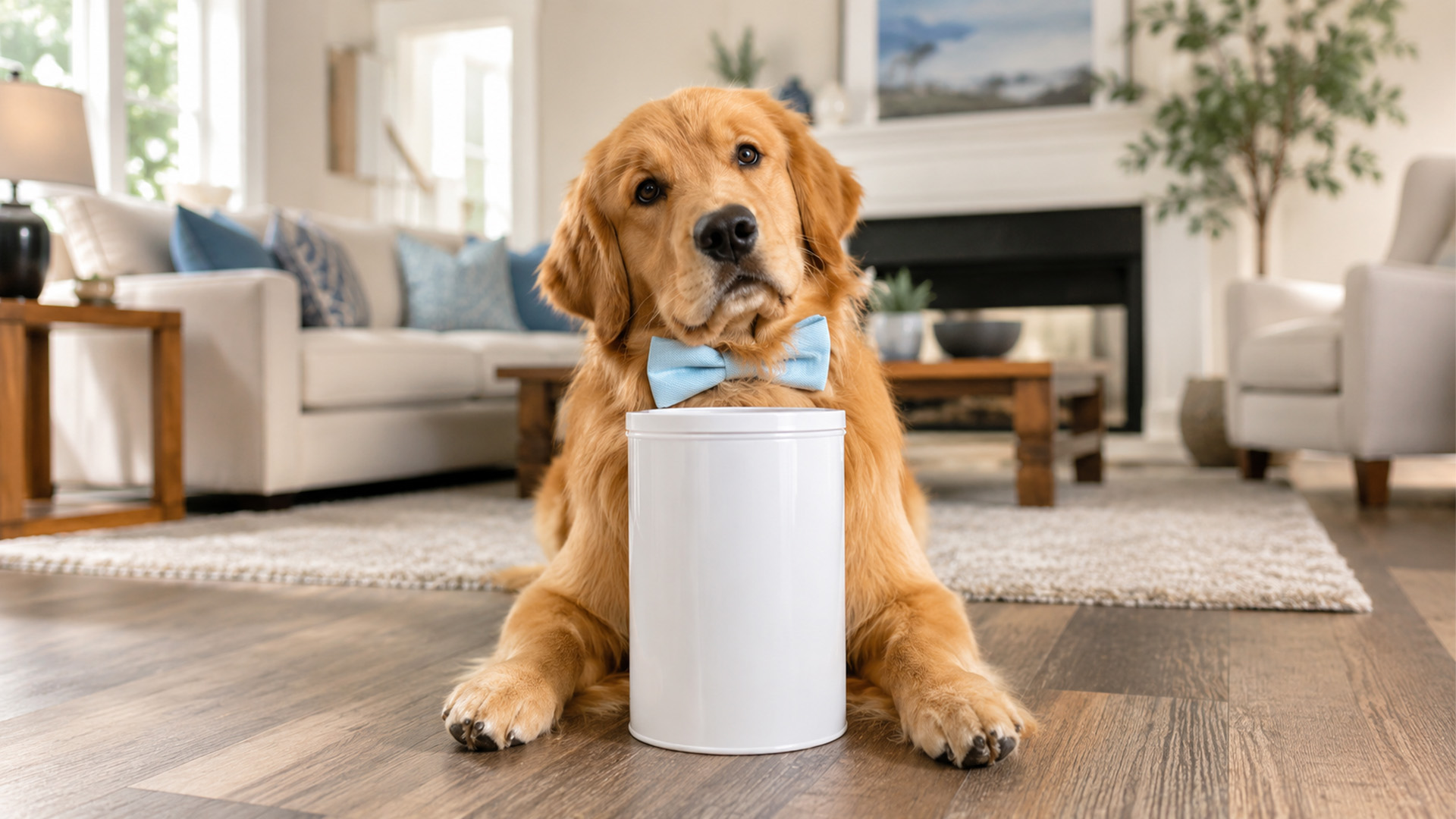 Golden retriever questions the empty treat jar
