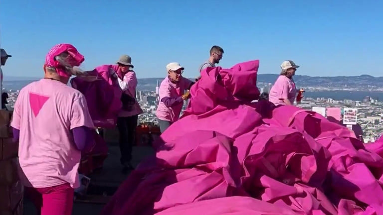Volunteers start dismantling Pink Triangle on Twin Peaks in San Francisco