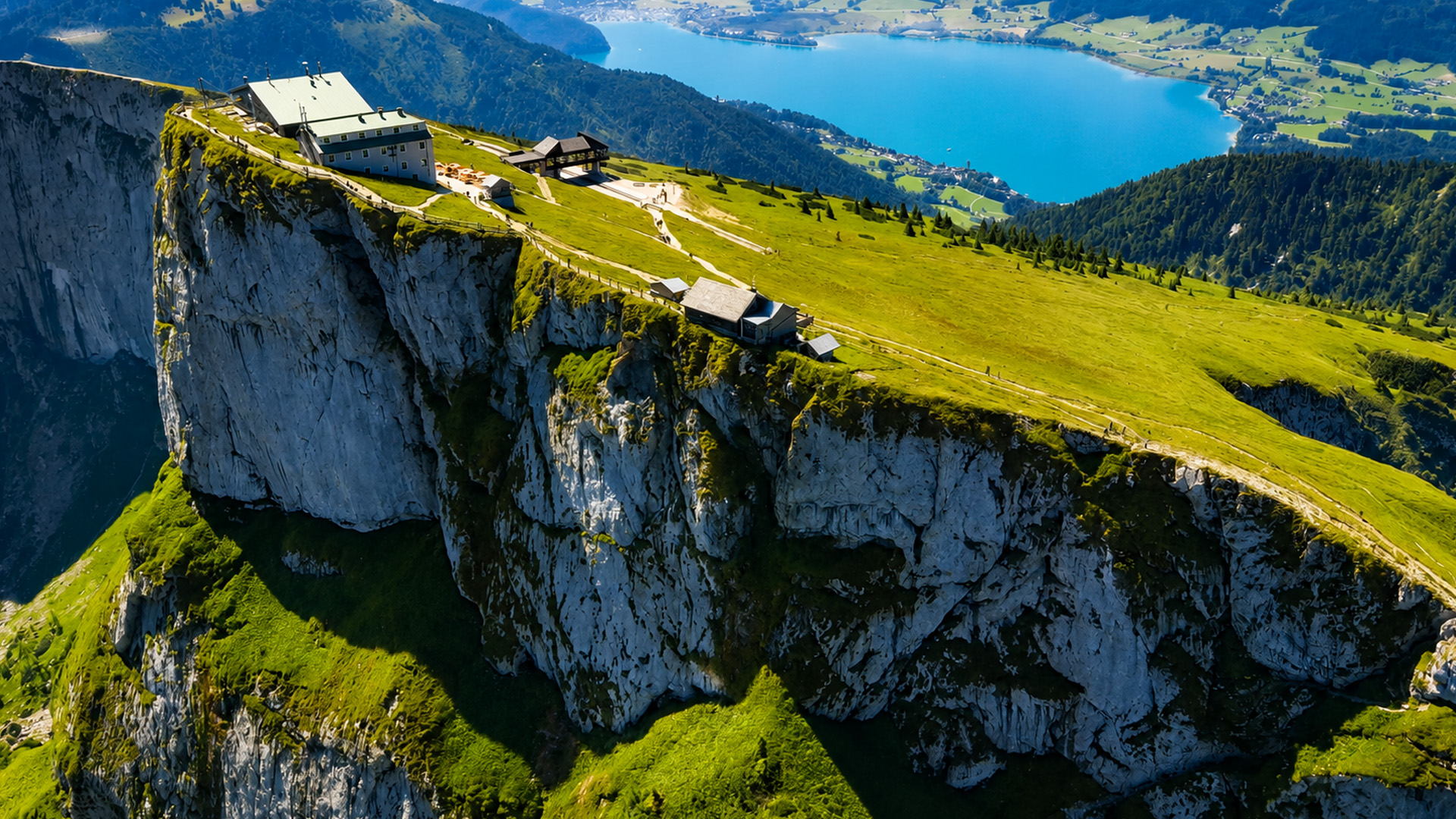 Buildings standing above a thousand-foot drop