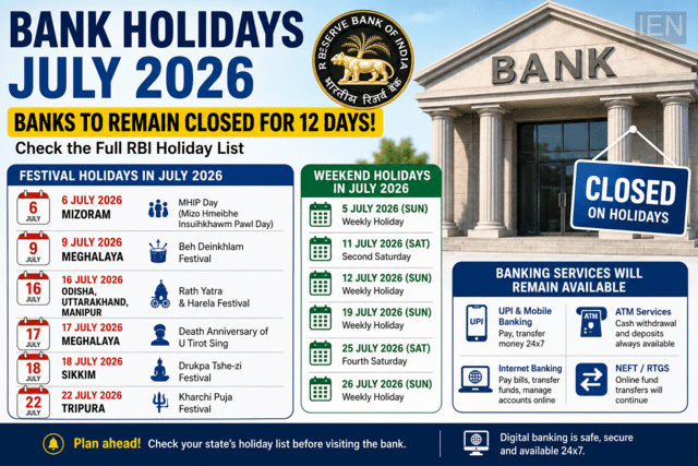 Bank holidays in July 2026: Complete RBI holiday calendar and state ...