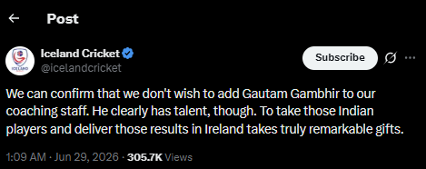 Iceland Cricket trolls Gambhir after India's historic series loss vs ...