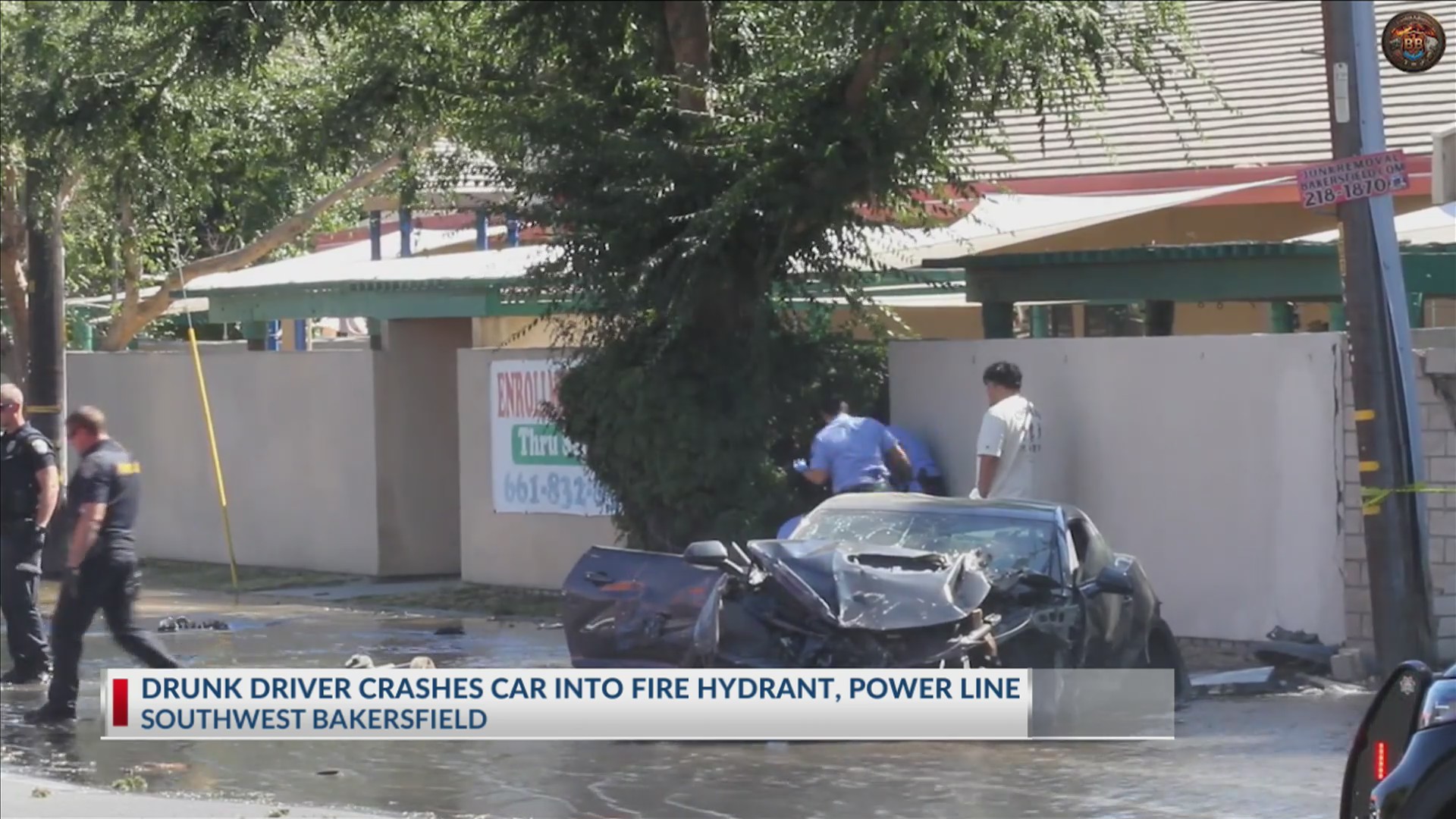 Drunk driver crashes car into fire hydrant, power line