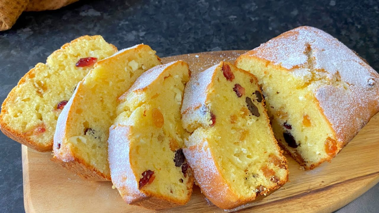 A tender fruit cake made with simple kitchen staples