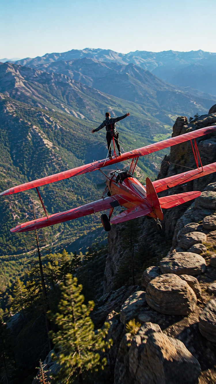 Standing on airplane wing creates extreme sky stunt