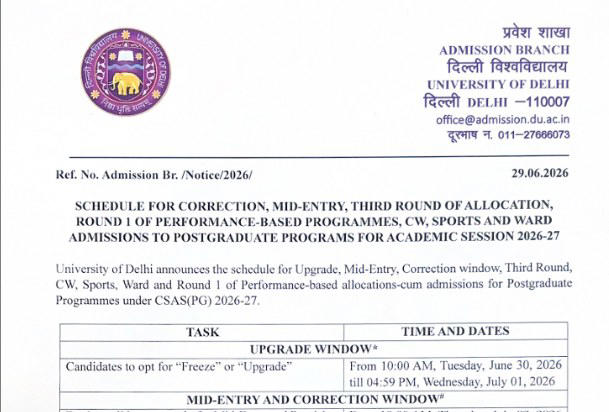 Delhi University PG admission 2026 schedule out: Correction window ...