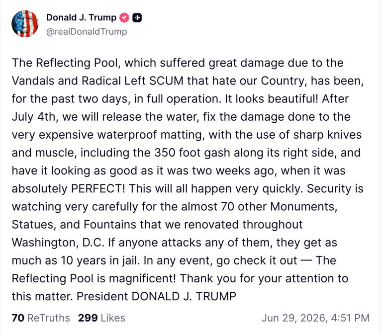 Trump melts down about 'SCUM' as green slime takes over reflecting pool