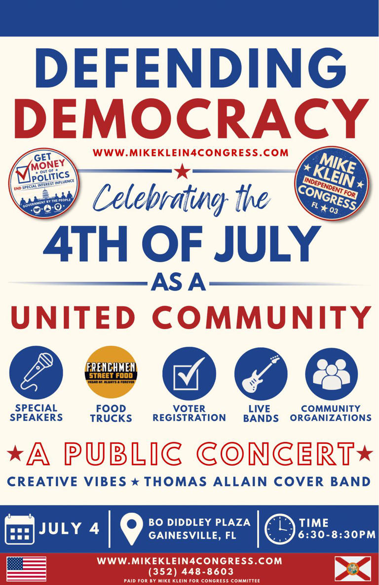 Campaign launch, concert on July Fourth at Bo Diddley Plaza