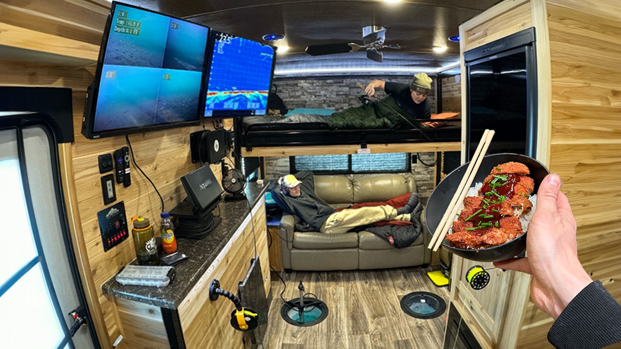 Inside a luxury ice house during a sub-zero winter night