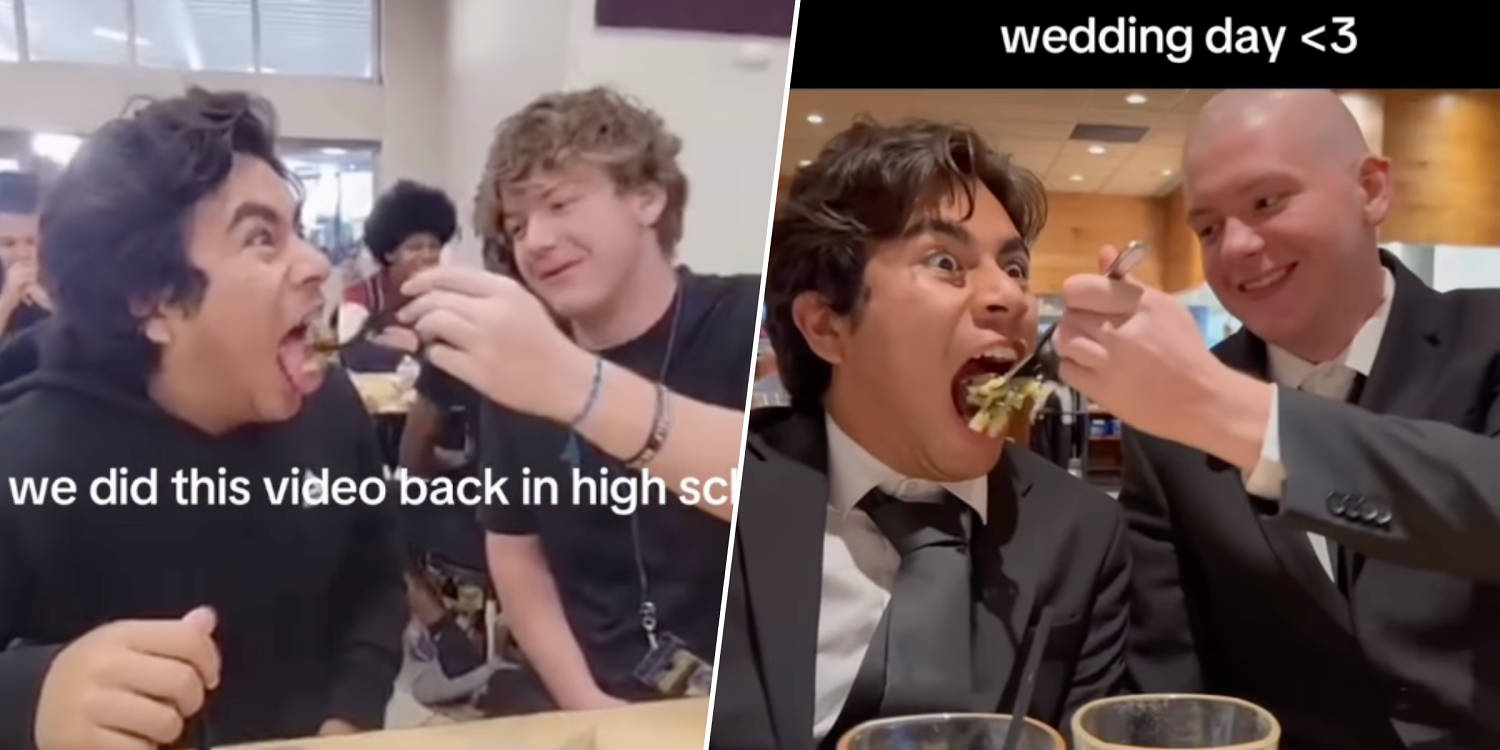 High school sweethearts reenact cafeteria moment at their wedding ...
