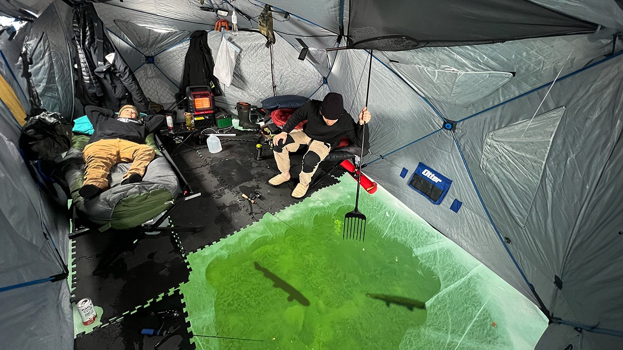 We cut a giant hole through the ice and camped for 3 days