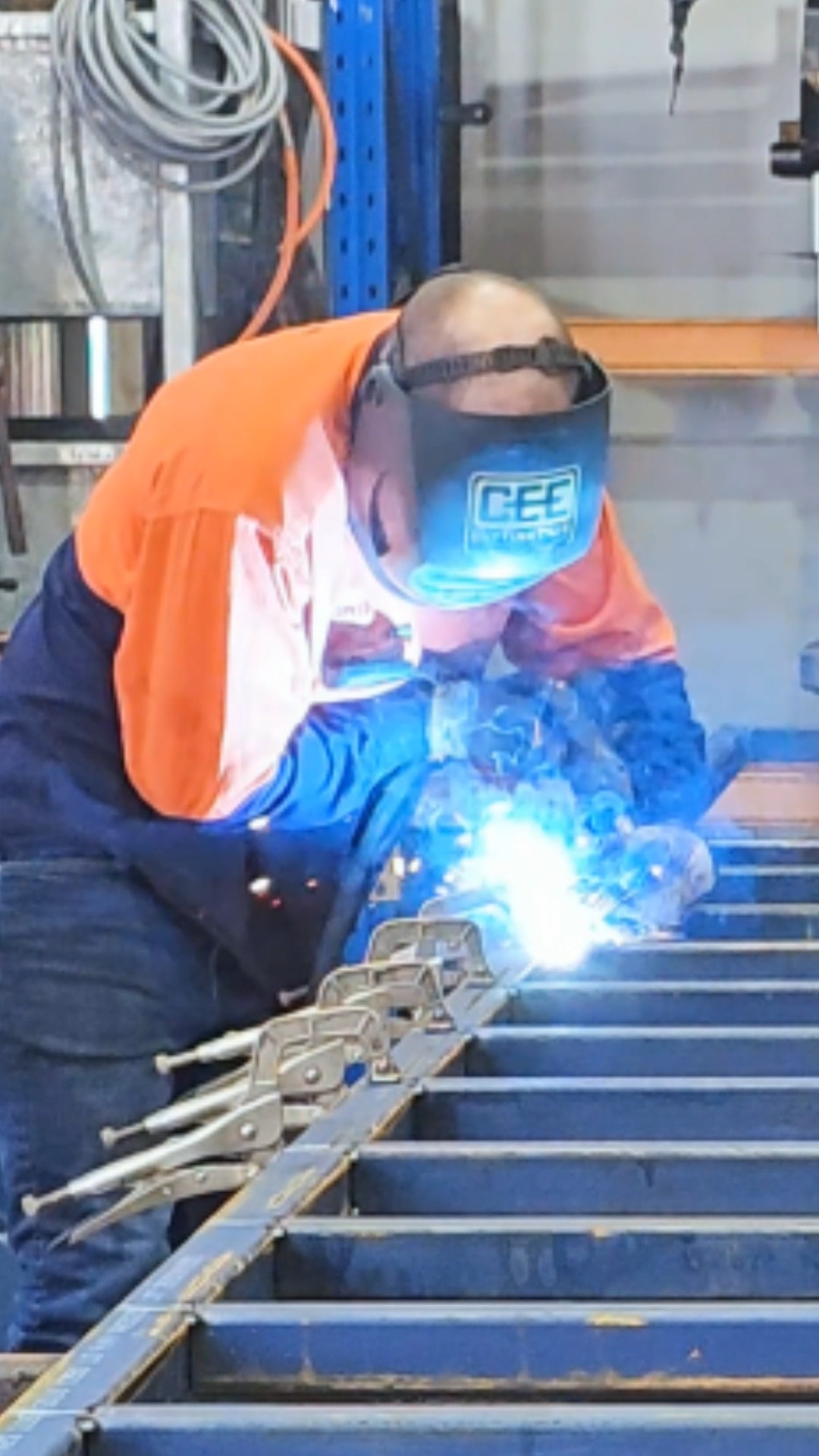 Welding a 7 metre walkway frame straight
