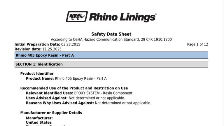 Safety sheet for reflecting pool material warns of toxicity to aquatic life