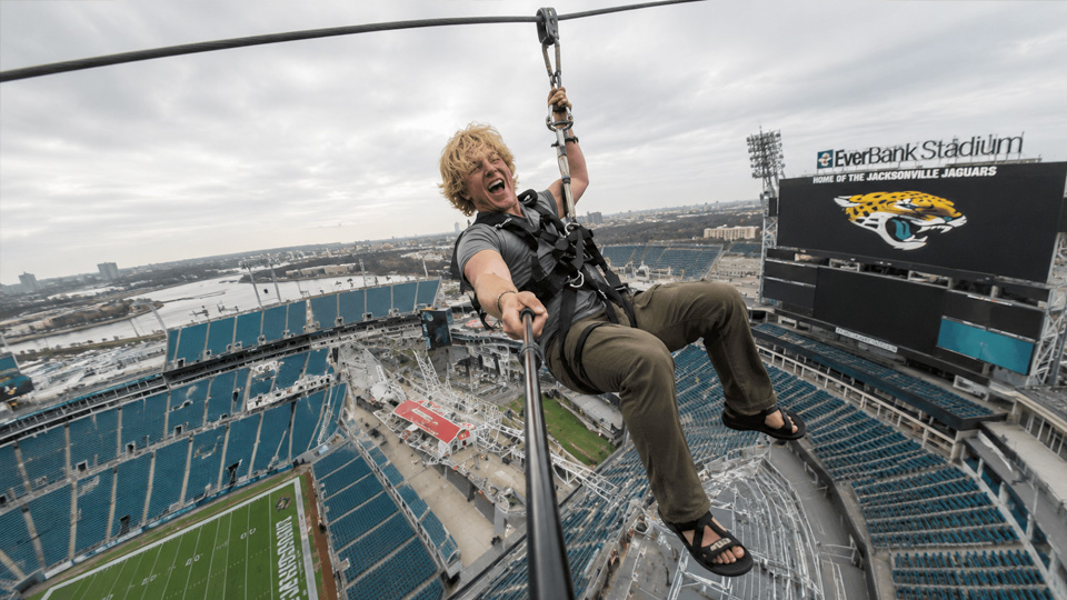 Rope swing zipline flies across NFL stadium