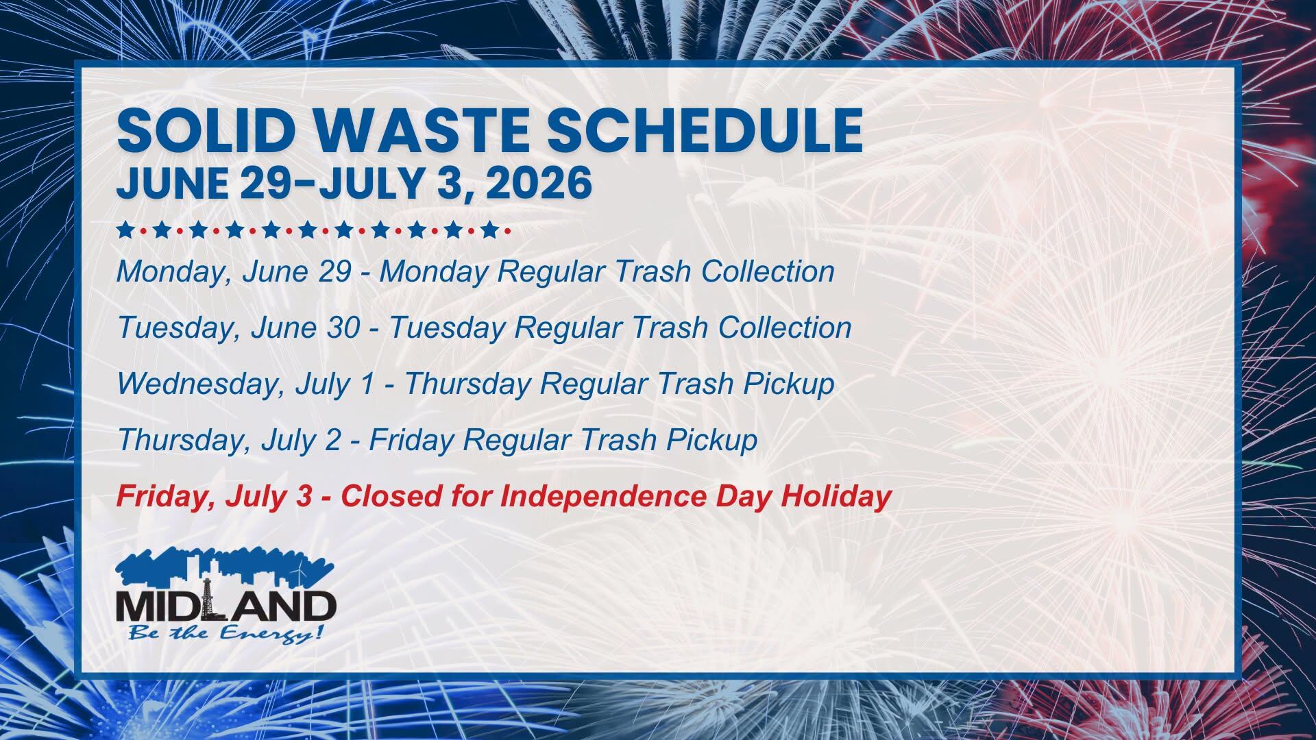 Midland solid waste holiday schedule change