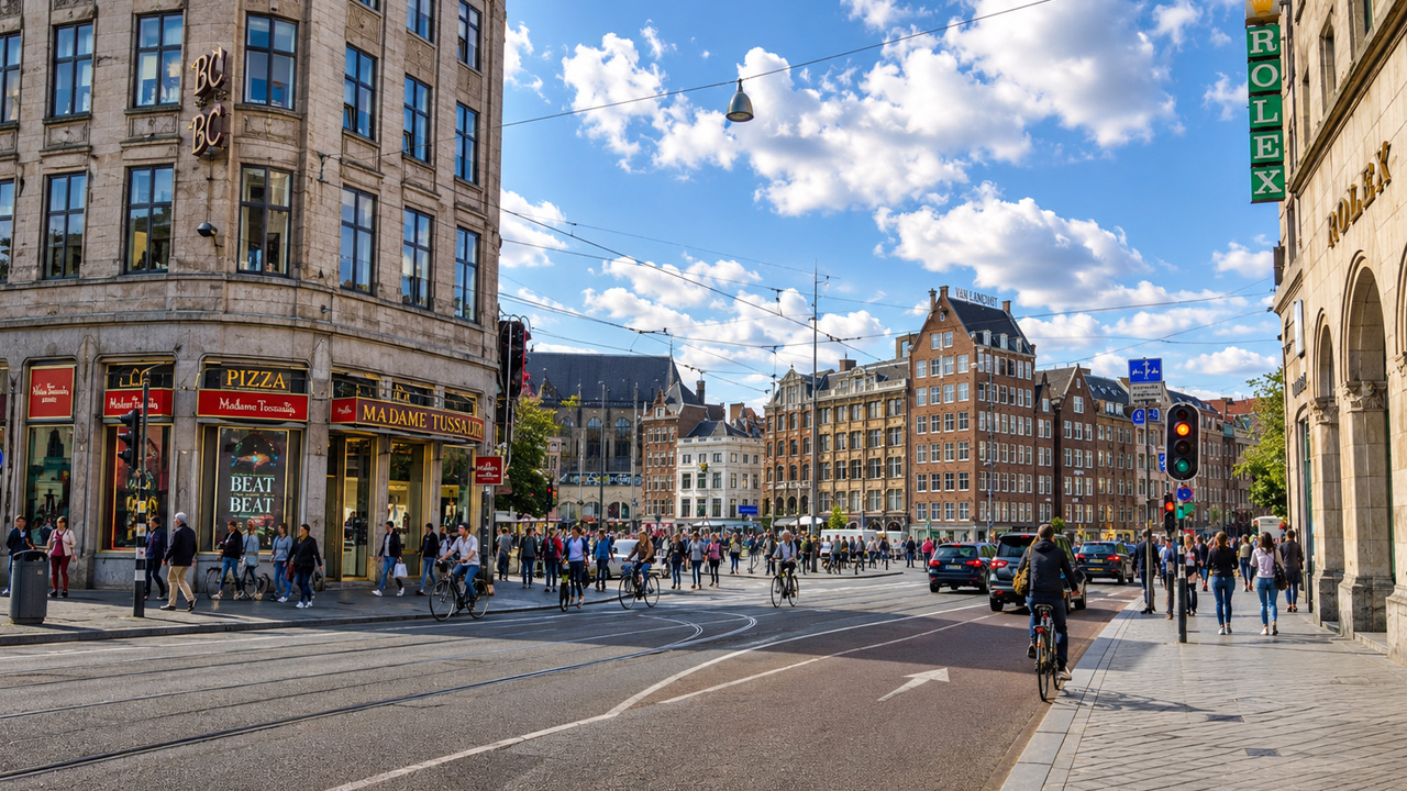 Amsterdam spring walk through a busy city corner