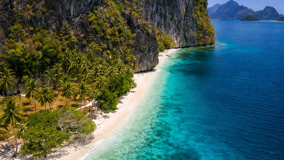 Hidden tropical beach beneath towering limestone cliffs