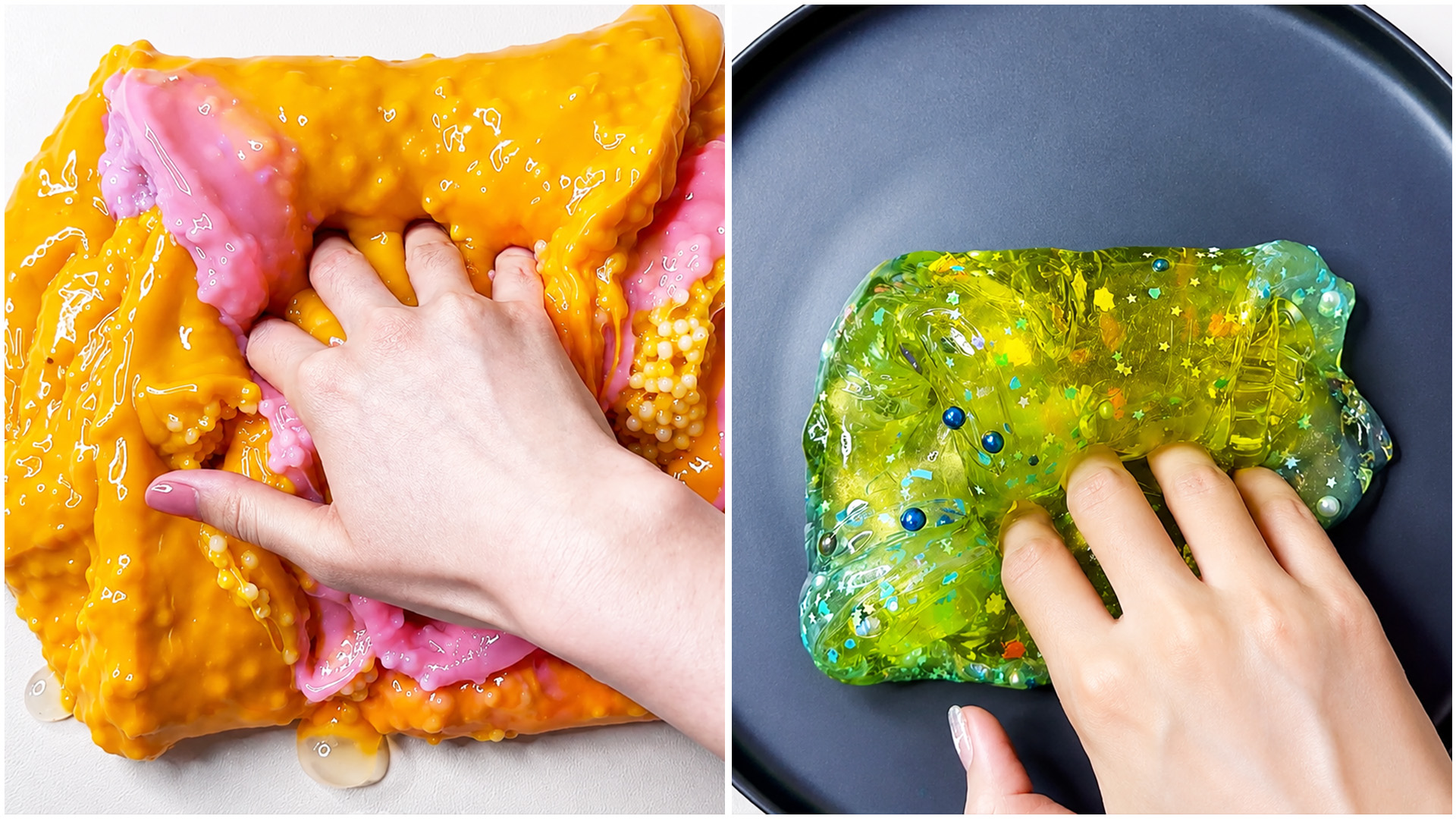 Glossy slime blending with crunchy beads and clear jelly