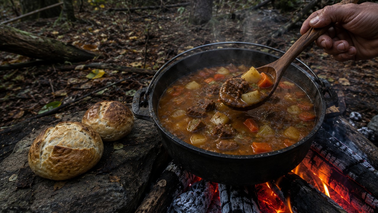Watch how beef stew and golden buns cook over the fire