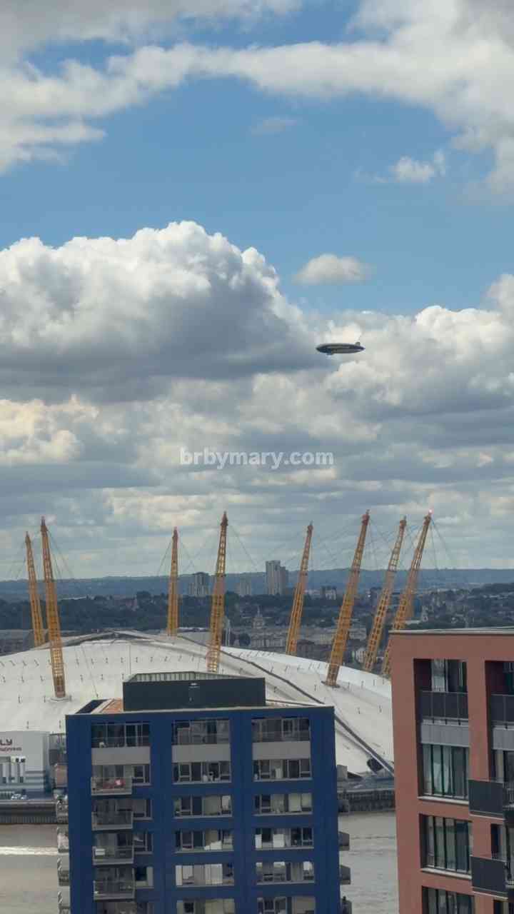 Goodyear blimp flying over the O2 Arena in London this morning on 1 ...