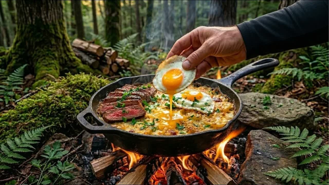 Watch how primitive steak, eggs and creamy potatoes cook in the forest