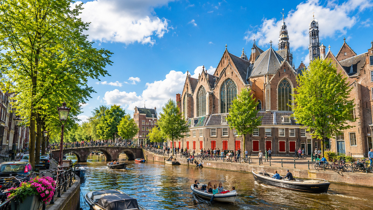 Amsterdam Saturday walk past church and canal boats